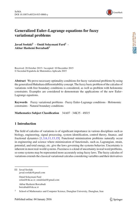 Pdf Generalized Eulerlagrange Equations For Fuzzy Variational Problems