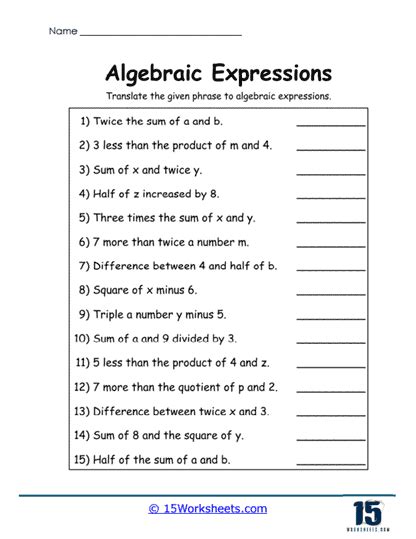 Algebraic Expressions Worksheets Worksheets Com