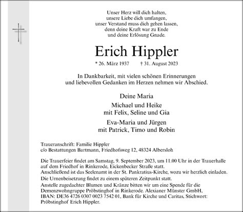 Traueranzeigen Von Erich Hippler Trauer Ms