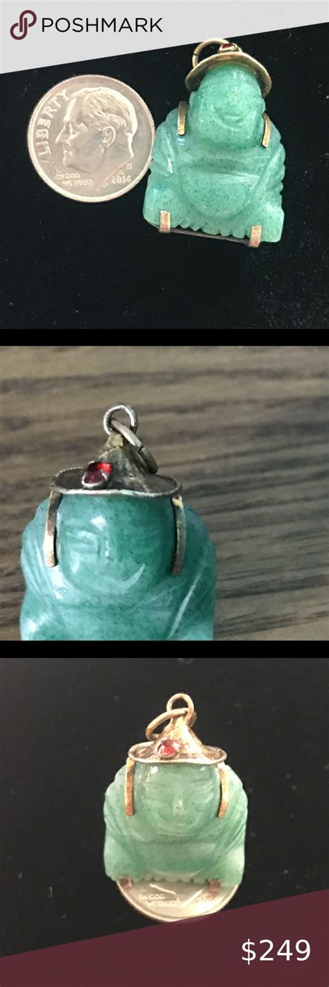 Antique Green Jade Small Carved Buddha With Cone Hat And Ruby Pendat 💚🧧 Antiques Deep Green