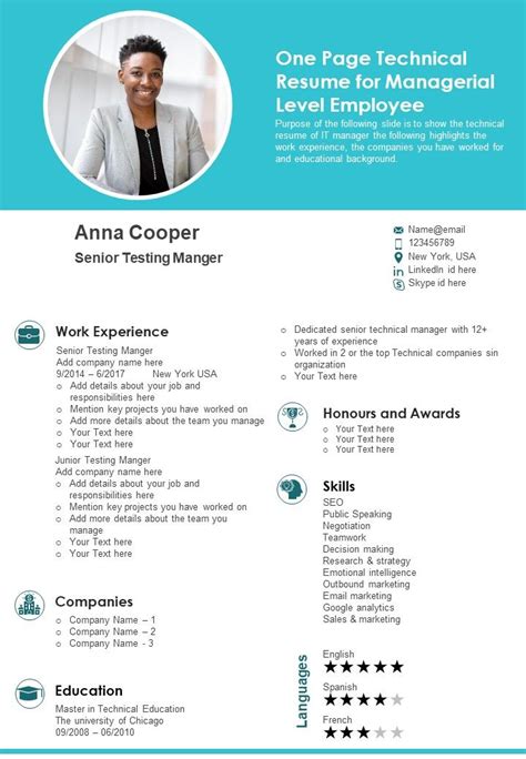 One Page Technical Resume For Managerial Level Employee Pdf Document Ppt Te
