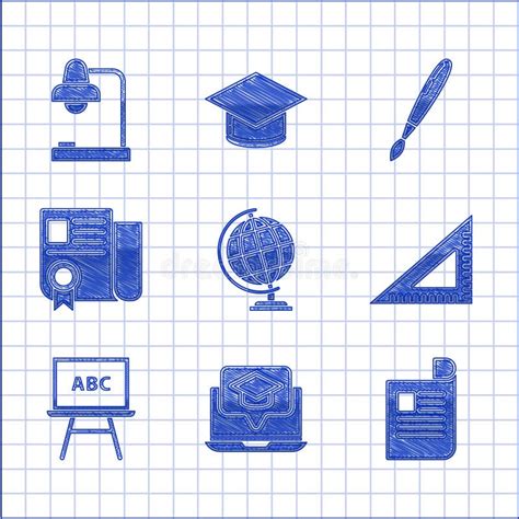 Set Earth Globe Graduation Cap On Screen Laptop Document Triangular