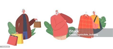 행복한 시니어 캐릭터 쇼핑 레크리에이션 고립 된 아이콘 또는 아바타 노인과 여성과의 판매 및 할인 개념 가방에 대한 스톡 벡터 아트 및 기타 이미지 Istock