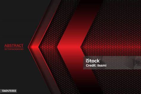 화살표는 어두운 빨간색 육각형 탄소 섬유 배경에 검은 색과 빨간색입니다 육각형 빨간색 그리드의 기하학적 모양 줄무늬 및 선입니다