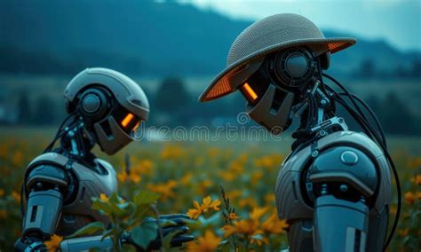 Humanoid Robots In Field Of Flowers Wearing Hats Showcasing Blend Of Technology And Nature