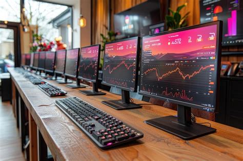 A Row Of Computer Monitors Displaying Financial Charts And Data In An