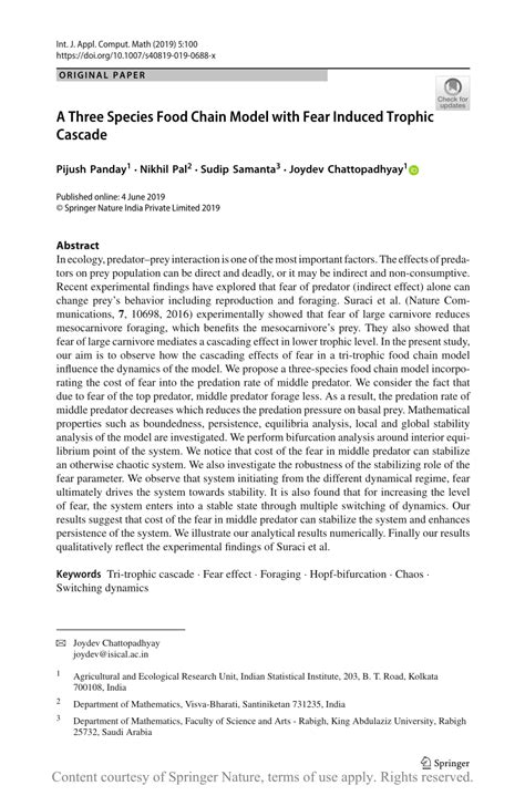 A Three Species Food Chain Model With Fear Induced Trophic Cascade