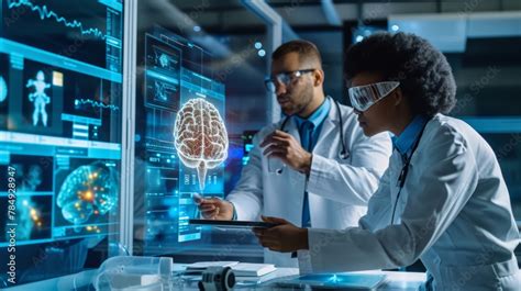 Two Neuroscientists Working With Computer - Powered VFX Hologram Of Human Brain And Nervous ...