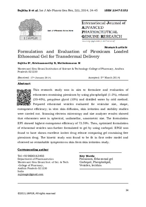 Pdf Formulation And Evaluation Of Piroxicam Loaded Ethosomal Gel For Transdermal Delivery