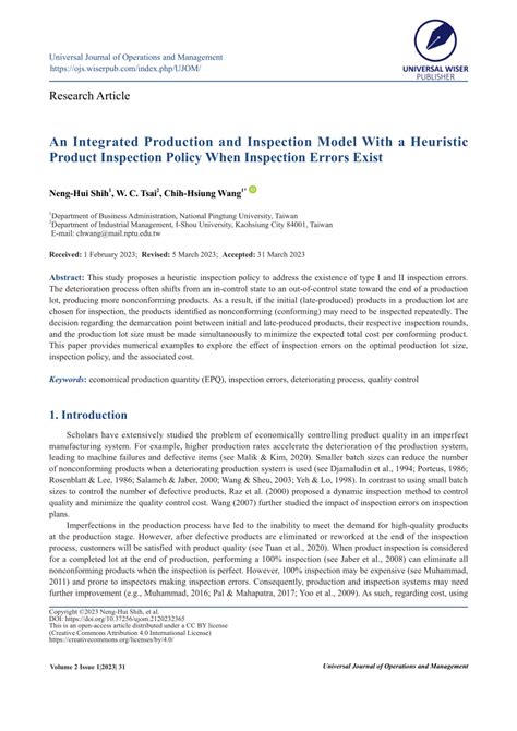 Pdf An Integrated Production And Inspection Model With A Heuristic Product Inspection Policy