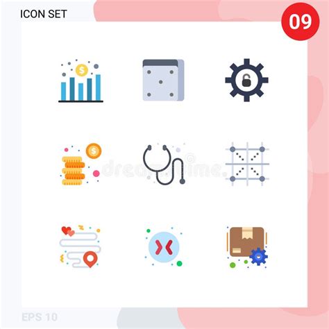Set Of 9 Vector Flat Colors On Grid For Coding Medical Security Cure Money Stock Vector