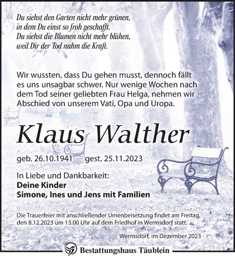 Traueranzeigen Von Klaus Walther Trauer Anzeigende