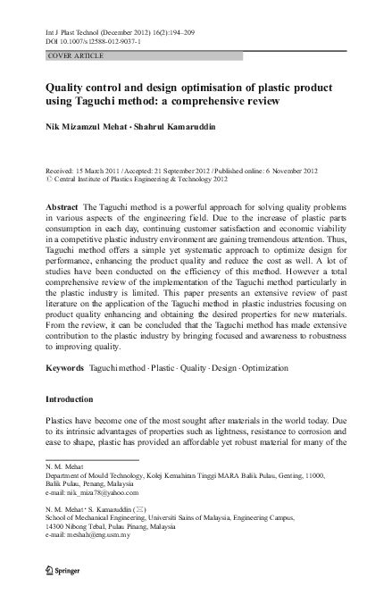 Pdf Quality Control And Design Optimisation Of Plastic Product Using Taguchi Method A