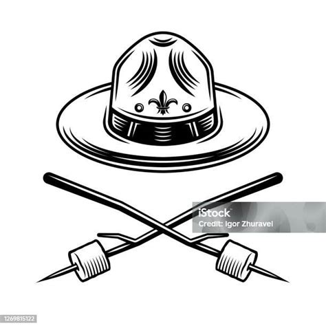 스카웃 모자와 나무 스틱 벡터 그래픽 개체 또는 흰색 배경에 고립 된 빈티지 흑백 스타일의 디자인 요소에 두 개의 교차 마시멜로 관광에 대한 스톡 벡터 아트 및 기타 이미지