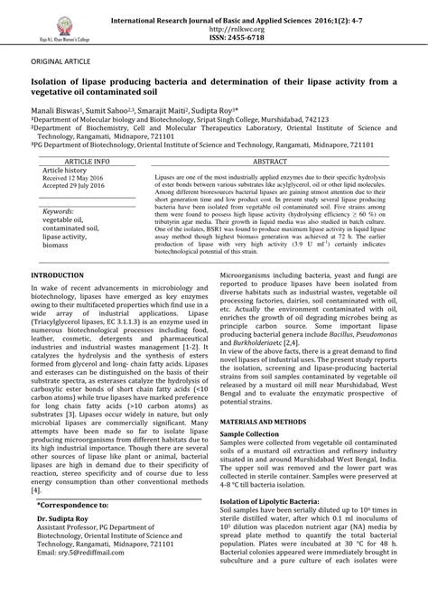 Pdf Isolation Of Lipase Producing Bacteria And Determination Of Their Lipase Activity From A