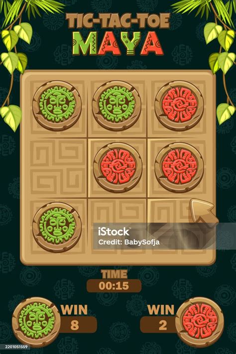 덩굴 식물을 테마로 한 Maya 또는 Aztec의 Tic Tac Toe Ui 게임 개발 Ui를 위한 카툰 보드 로직 게임 벡터 전략 게임 Noughts And Crosses