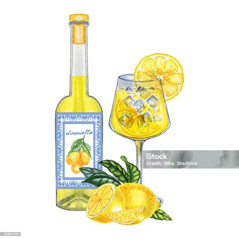 리몬첼로 병과 스프리츠 유리 수채화 배열 포장 및 메뉴 디자인을 위해 레몬 전통 리큐어 이탈리아 칵테일 및 레몬의 손으로 그린 구성 감귤류 과일에 대한 스톡 벡터 아트 및
