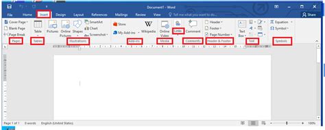 MS Word 2016 Insert Menu