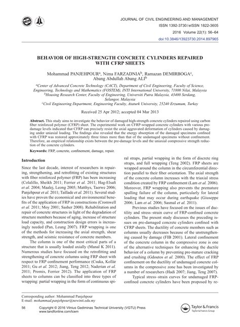 Pdf Behavior Of High Strength Concrete Cylinders Repaired With Cfrp Sheets