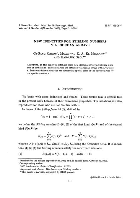 Pdf New Identities For Stirling Numbers Via Riordan Arrays