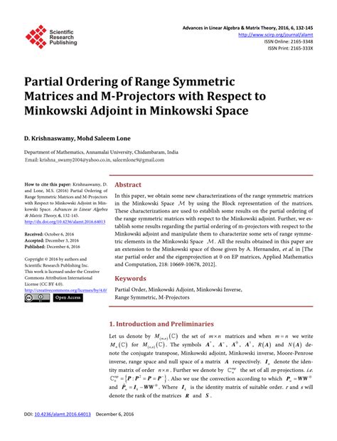 Pdf Partial Ordering Of Range Symmetric Matrices And M Projectors