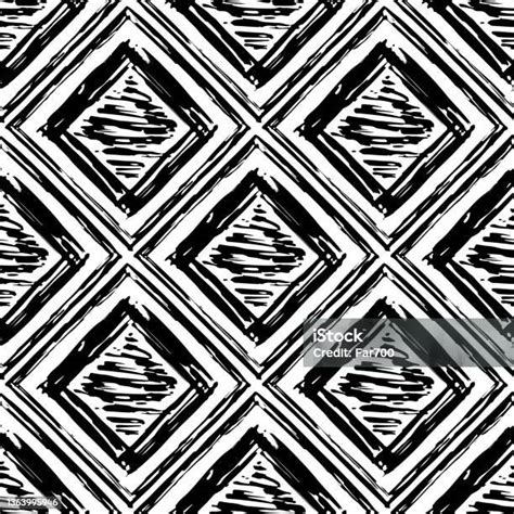 흰색 배경에 격리 된 검은 잉크 마름모와 사각형 매끄러운 패턴 손으로 그린 벡터 그래픽 그림 텍스처 페인트에 대한 스톡 벡터