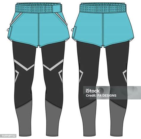 여성 러닝 트레일 스코르트 압축 레깅스 타이츠 저지 디자인 플랫 스케치 패션 일러스트 레이 션 소녀와 숙녀를위한 반바지 개념 활성 마모 추적을위한 앞뒤보기 숙녀복에 대한