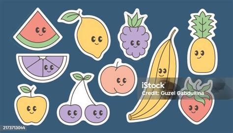 귀여운 만화 아기 과일 웃는 스티커와 재미있는 Y2k 마스코트 벡터 캐릭터 잘 익은 카와이 체리 바나나 파인애플 사과 레몬 0명에 대한 스톡 벡터 아트 및 기타 이미지