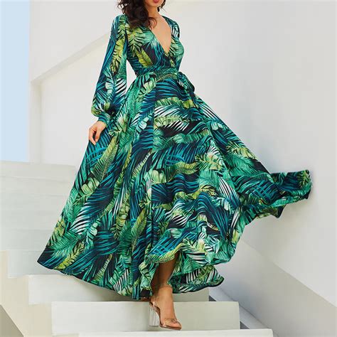 Gatxvg Womens Summer Long Sleeve Print Swing Maxi Dresses Casual Long