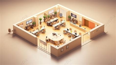 아이소메트릭 뷰로 리셉션과 회의실이 있는 사무실 공간의 3d 렌더링 아이 배경 사무실 의자 배경 회의 테이블 배경 이미지 Hd 아이 사무실 의자 회의 테이블 배경