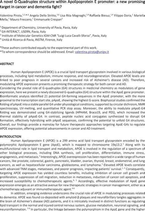 A Novel G Quadruplex Structure Within Apolipoprotein E Promoter A New Promising Target In