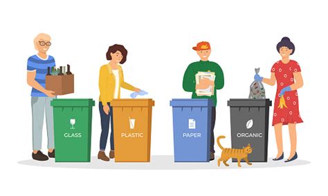 재활용을 위해 쓰레기를 분류하는 사람들 책임있는 남성과 여성은 쓰레기통 근처에 서서 폐기물 활용을 위해 다른 용기에 쓰레기와 쓰레기를 사용합니다 환경 및 생태 개념 감소에