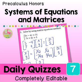 Systems And Matrices Daily Quizzes Unit Precalculus TPT