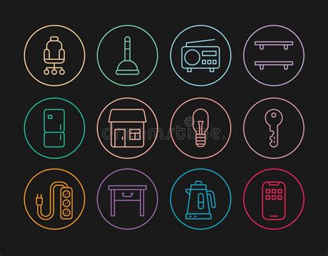 Set Line Mobile Apps House Key Radio Refrigerator Office Chair Light Bulb And Rubber