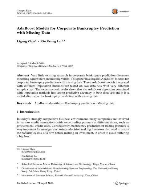 Adaboost Models For Corporate Bankruptcy Prediction With Missing Data Pdf Support Vector