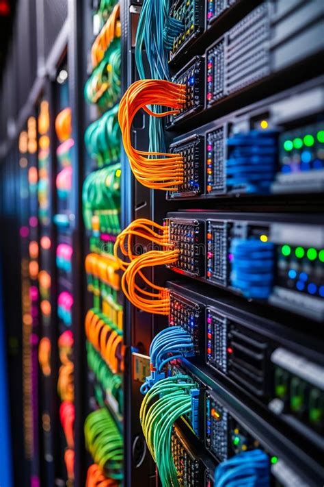 A Rack Of Servers With Many Different Colored Cables In A Server Room