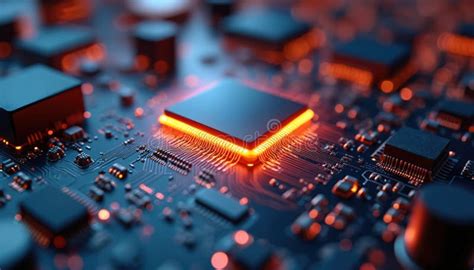 close up of glowing cpu on motherboard futuristic tech circuit board