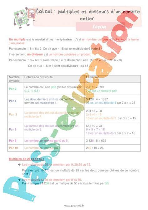 Multiples et diviseurs dun nombre entier Leçon de calcul pour le cm PDF à imprimer par