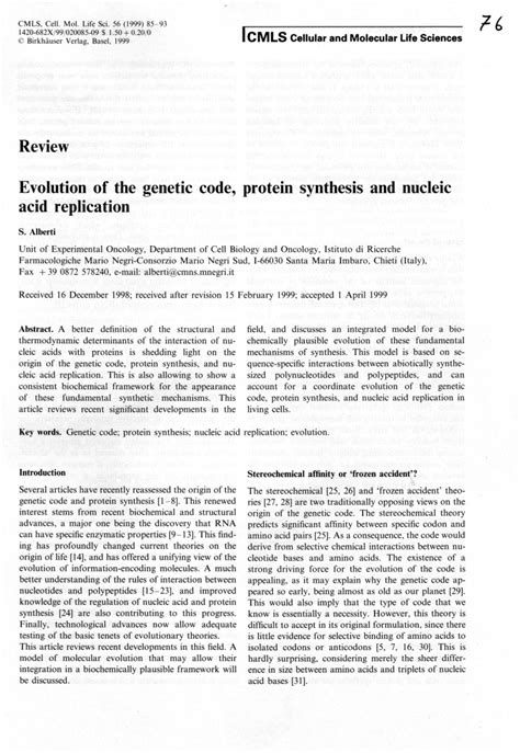 Pdf Evolution Of The Genetic Code Protein Synthesis And Nucleic Acid
