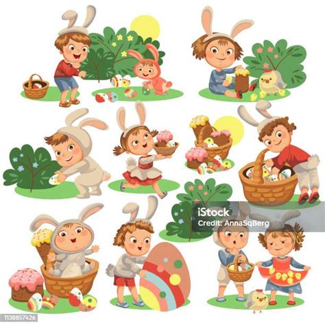 부활절 달걀을 사냥 하는 귀 토끼 복장에 행복 한 아이 들의 세트 어린이 놀이 토끼 봄 휴일에 장식 바구니 아래 부시 벡터 일러스트 레이 션 계절에 대한 스톡 벡터 아트 및