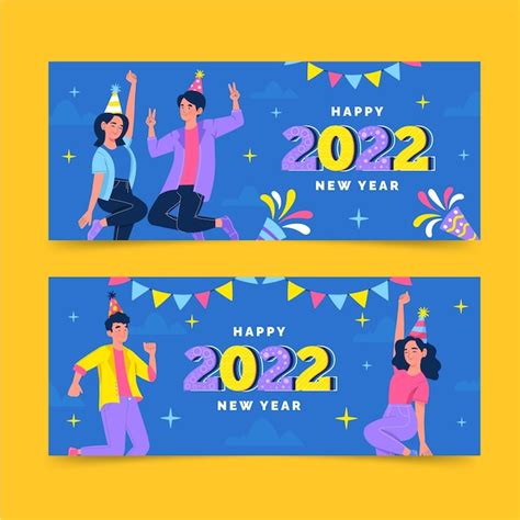 손으로 그린 평면 새해 복 많이 받으세요 2022 배너 세트 무료 벡터