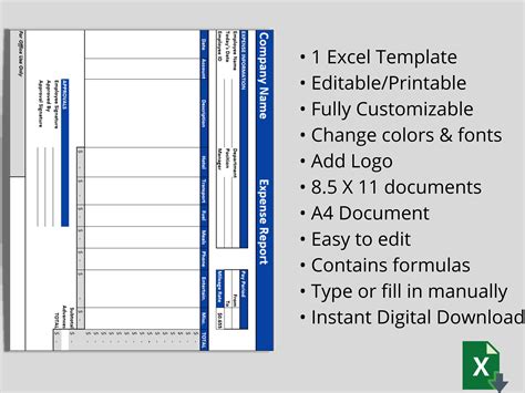 Expense Report Template Editable Excel Form HR Template Payroll Document Employee