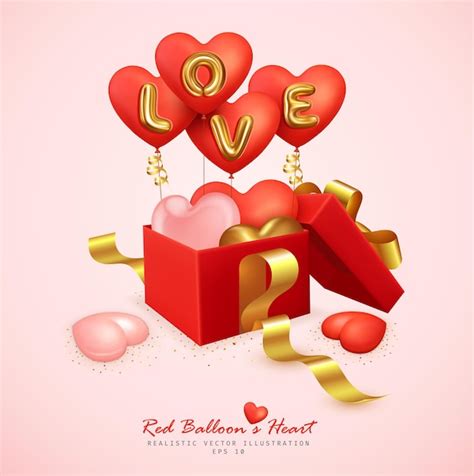 현실적인 빨간 풍선과 오픈 선물 상자 프리미엄 벡터