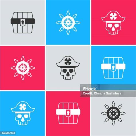 골동품 보물 상자 선박 핸들 및 해적 선장 아이콘을 설정하십시오 벡터 드로잉에 대한 스톡 벡터 아트 및 기타 이미지 드로잉 방향타 일러스트레이션 Istock