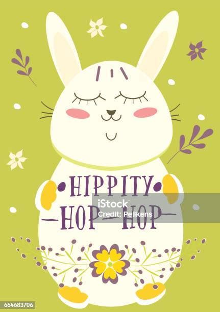 행복 한 부활절 레트로 카드 토끼 계란 꽃과 문구와 Hippity 함께 귀여운 벡터 일러스트 레이 션 홉 홉 휴일 인사말 견적 0명에 대한 스톡 벡터 아트 및 기타 이미지