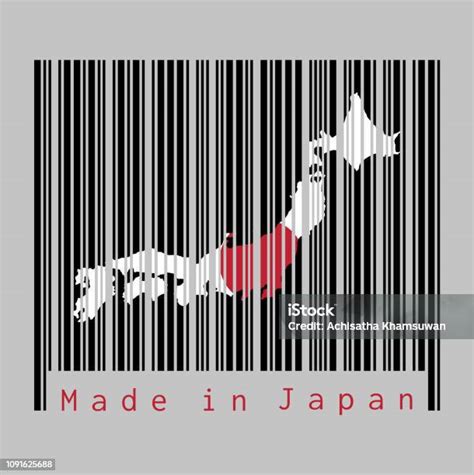 바코드 회색 배경으로 검은 바코드에 일본 지도 개요 및 일본 국기의 색상에 모양을 설정합니다 개념에 대한 스톡 벡터 아트 및