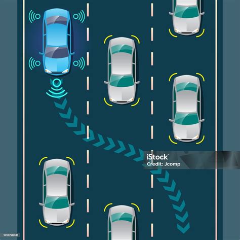 자동차 주변 도로에서 주행하는 자율 스마트 자동차 자동 무선 센서 감지기에 대한 스톡 벡터 아트 및 기타 이미지 감지기 건강관리와 의술 광학 작용 Istock