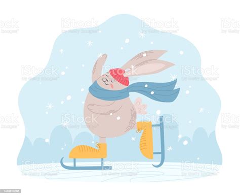 모자를 쓴 귀여운 토끼와 스카프가 겨울 강설에 스케이트를 탄다 12월에 대한 스톡 벡터 아트 및 기타 이미지 12월 1월 2023년 Istock