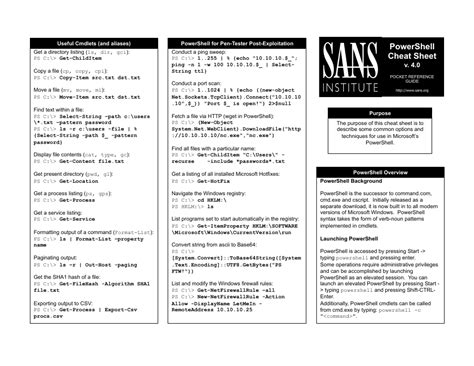 Powershell Cheat Sheet Version 4 Sans Institute Download Printable