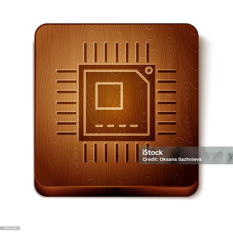 흰색 배경에 격리 된 마이크로 회로 Cpu 아이콘이있는 갈색 컴퓨터 프로세서 회로 기판 기호가 있는 칩 또는 Cpu 마이크로